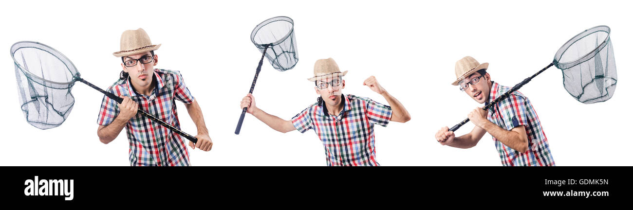 Gardener with net isolated on white Stock Photo - Alamy