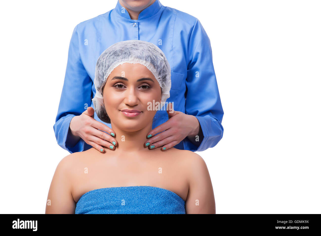 Young woman preparing for plastic surgery isolated on white Stock Photo ...