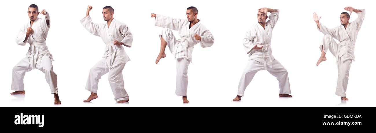 Collage of karate player in kimono isolated on white Stock Photo - Alamy