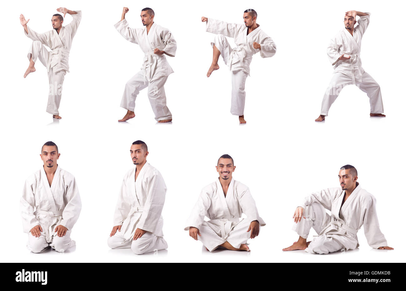 Collage of karate player in kimono isolated on white Stock Photo - Alamy