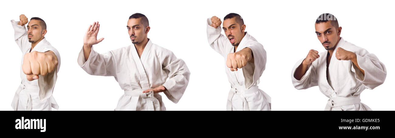 Collage of karate player in kimono isolated on white Stock Photo - Alamy