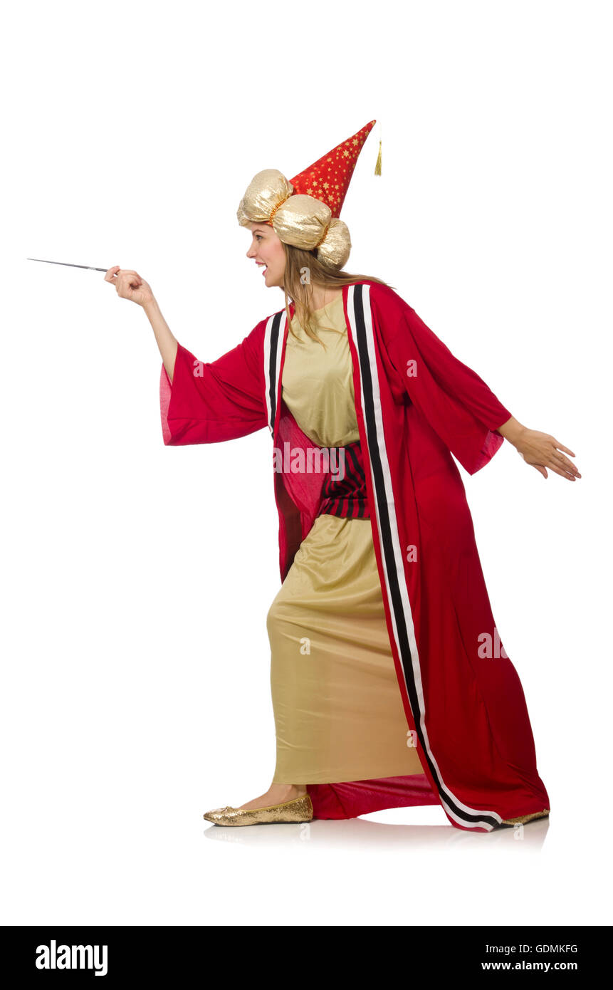 Woman wizard in red clothing isolated on white Stock Photo - Alamy