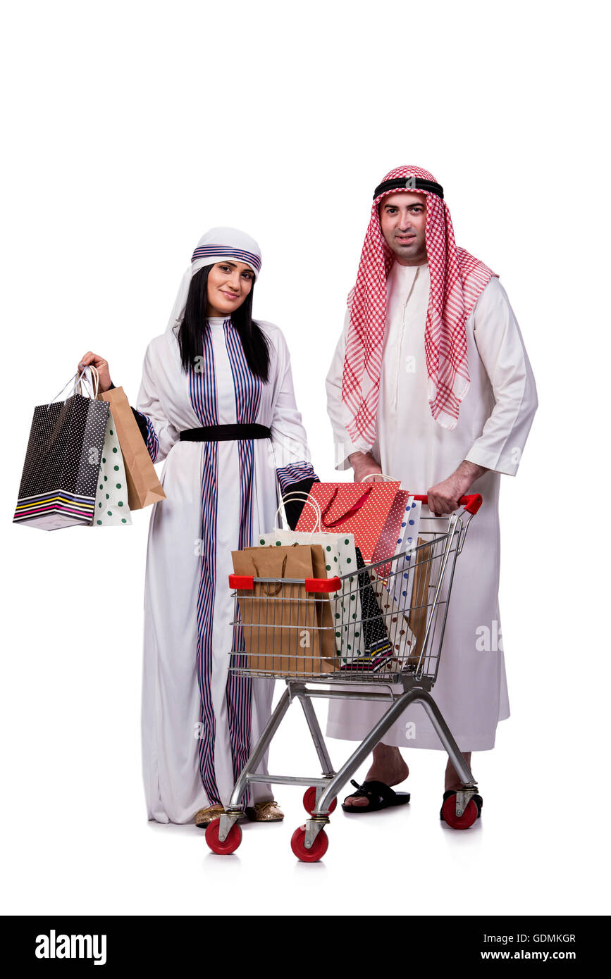 Happy arabic family after shopping isolated on white Stock Photo - Alamy