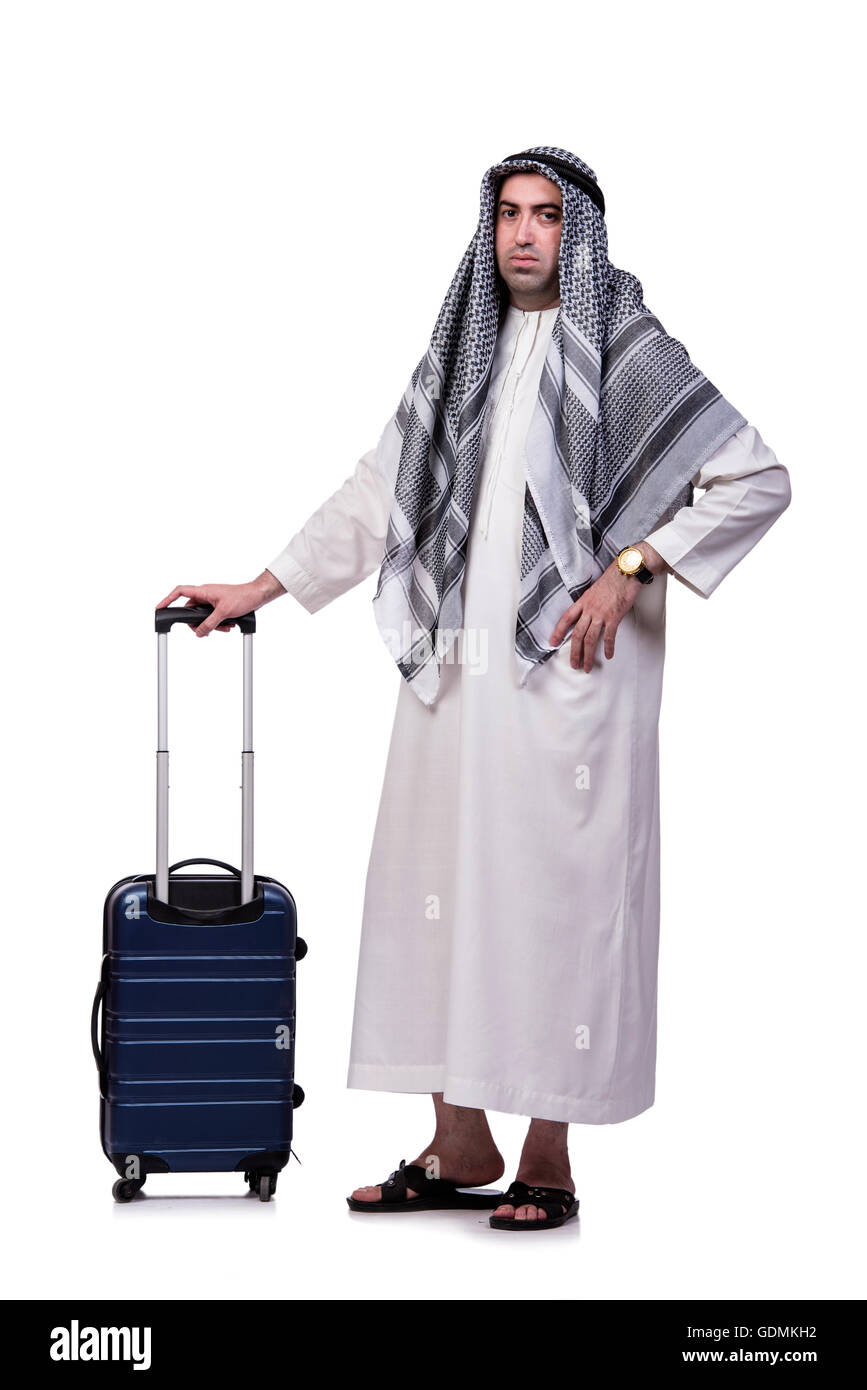 Arab man with suitcase in travel concept isolated on white Stock Photo ...