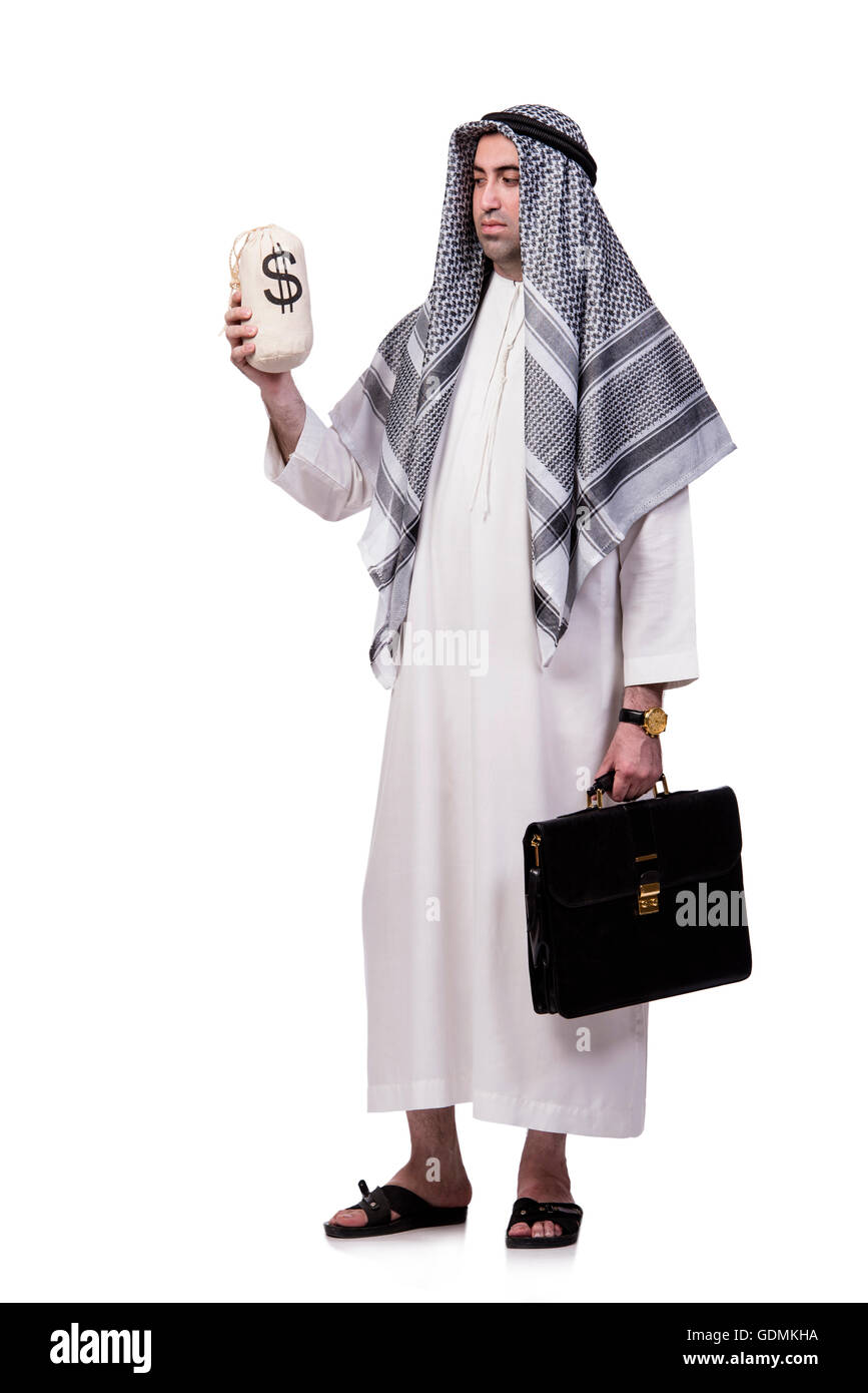 Arab man with money sacks isolated on white Stock Photo - Alamy