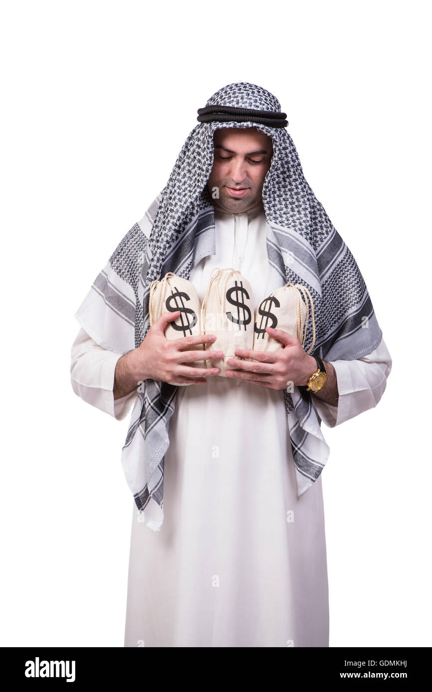 Arab man with money sacks isolated on white Stock Photo - Alamy