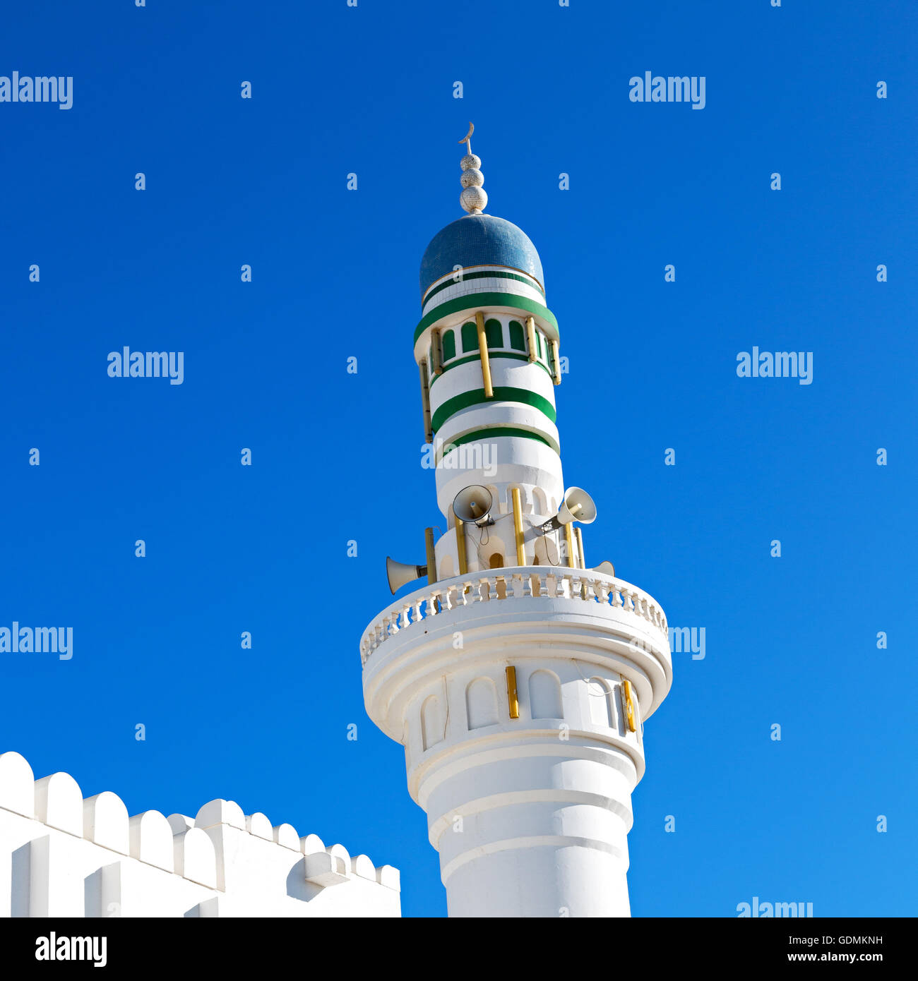 minaret and religion in clear sky in oman muscat the old mosque Stock ...