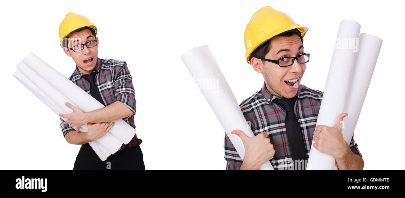 Funny man with blueprints on white Stock Photo - Alamy