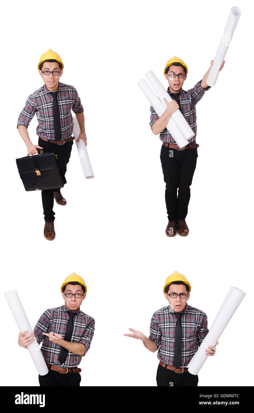 Funny man with blueprints on white Stock Photo - Alamy