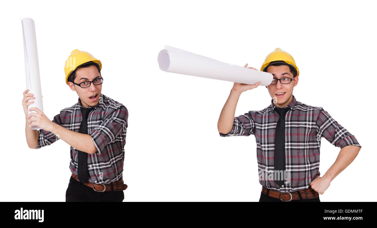 Funny man with blueprints on white Stock Photo - Alamy
