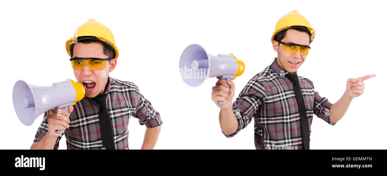 Young construction worker with loudspeaker isolated on white Stock ...