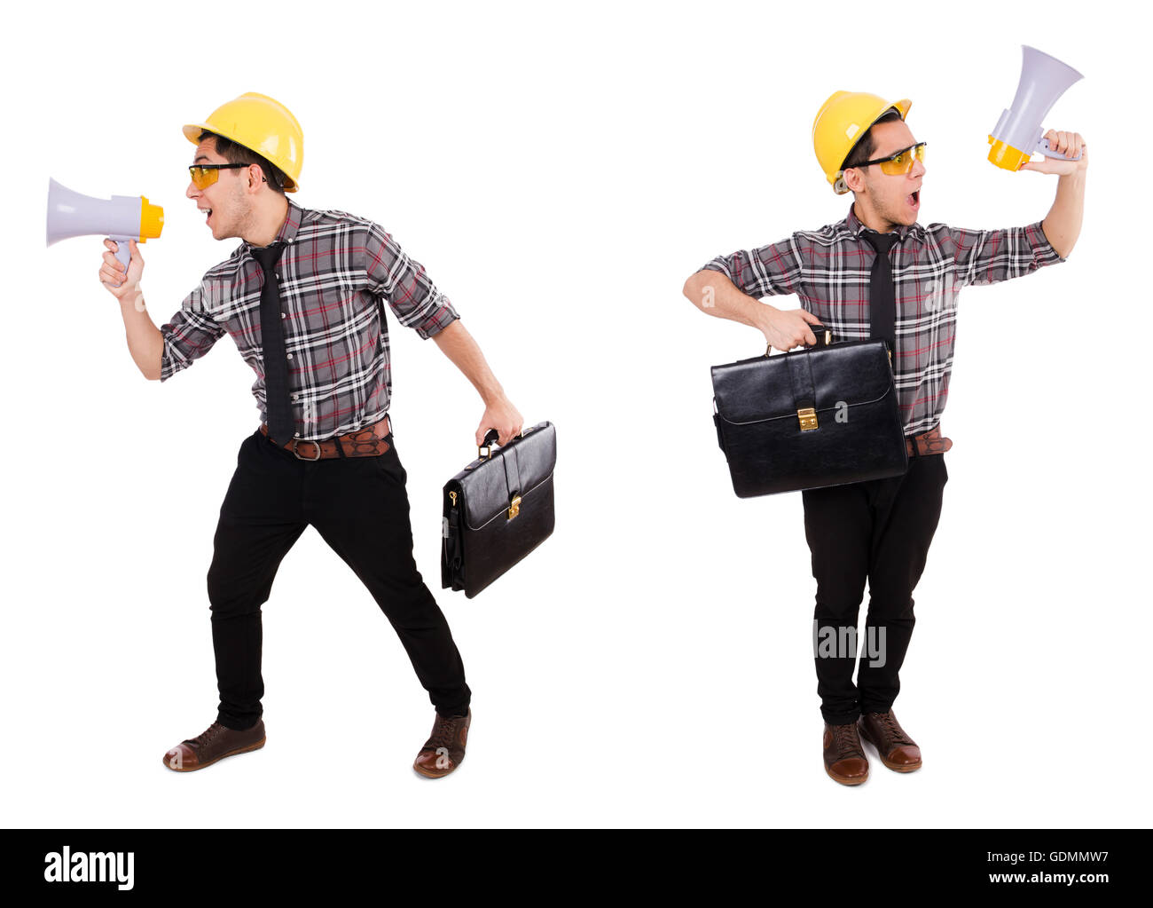 Young construction worker with loudspeaker isolated on white Stock ...