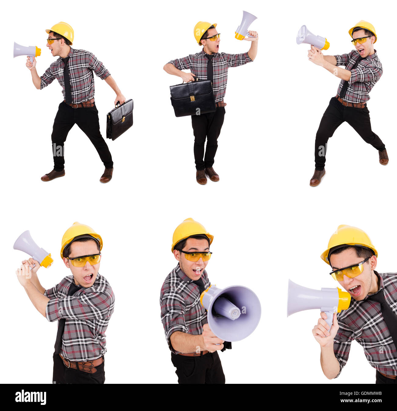 Young construction worker with loudspeaker isolated on white Stock ...