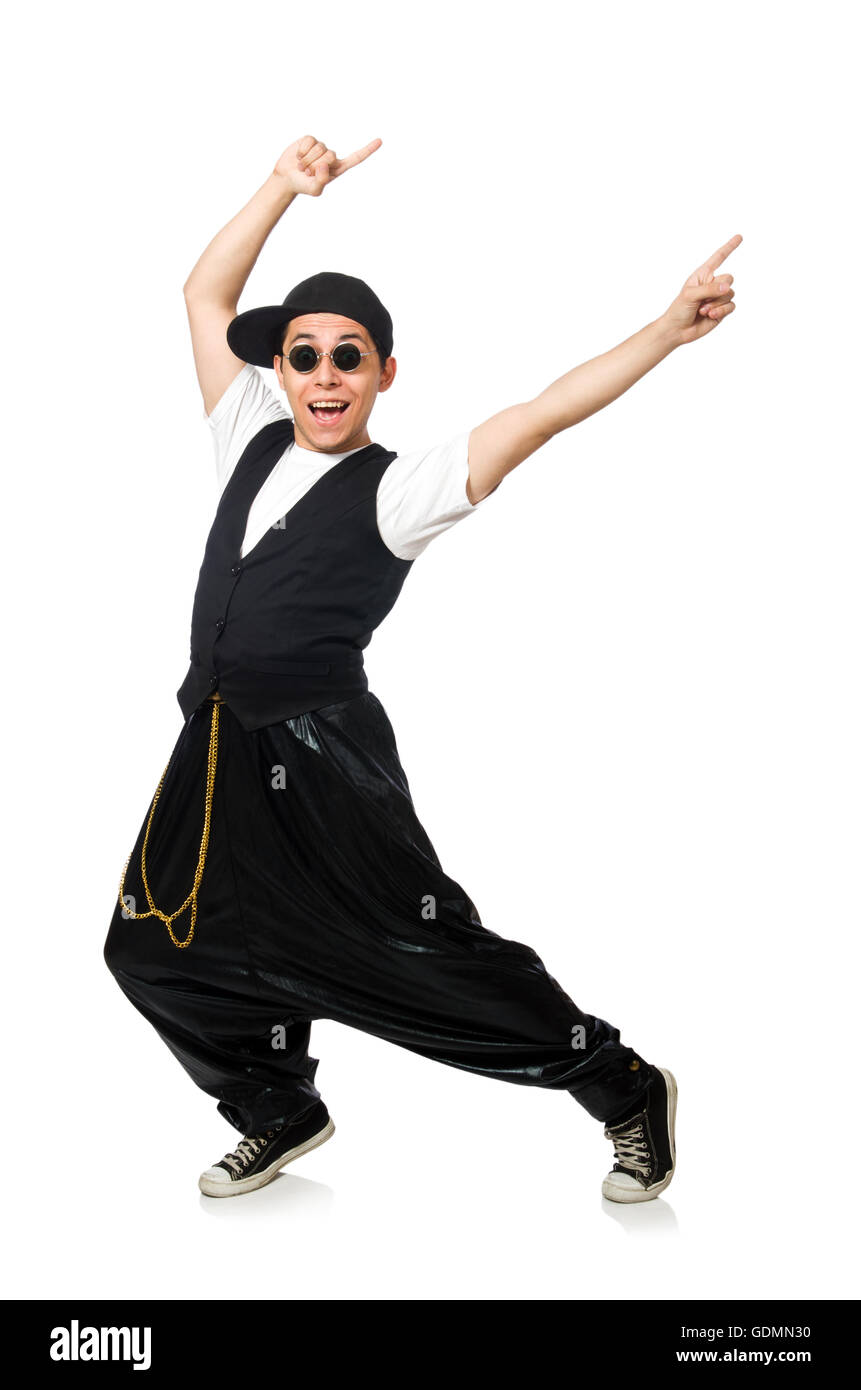 Funny young man dancing isolated on white Stock Photo - Alamy