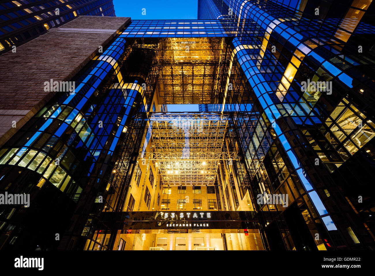 Exchange Place at night, in the Financial District of Boston ...