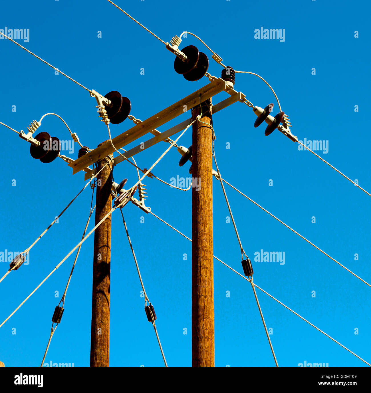 wood pylon energy and current line in oman the electric cable Stock ...
