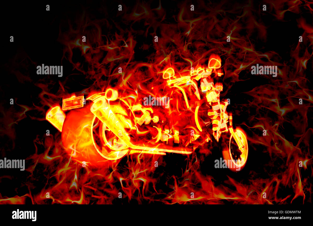 Fiery burning motorbike with flames around it, over a dark background ...