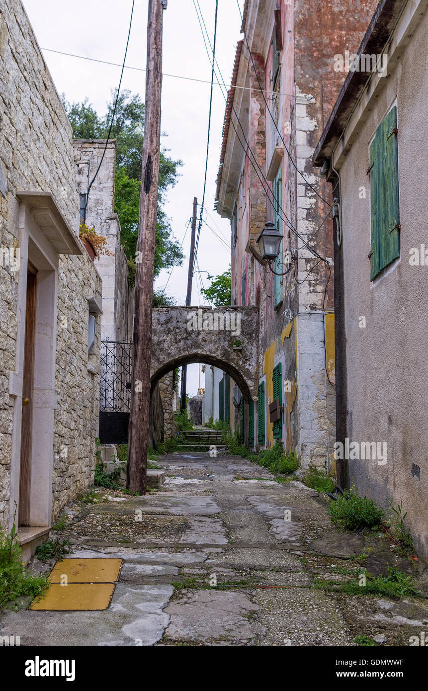 Street and buildings in Paxoi island, Greece, on an overcast day Stock ...