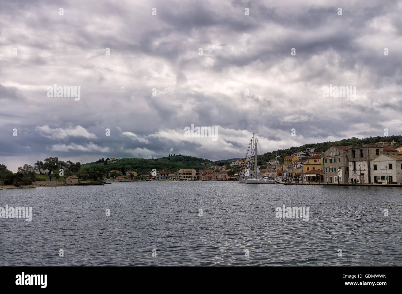 Gaios village in Paxoi island, Greece, on an overcast day Stock Photo ...