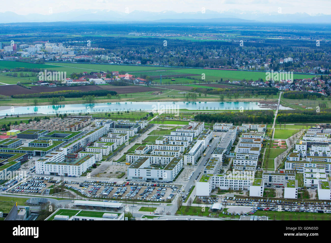 Messestadt with Buga Lake, Aerial View, München-Riem, Munich, Bavaria ...