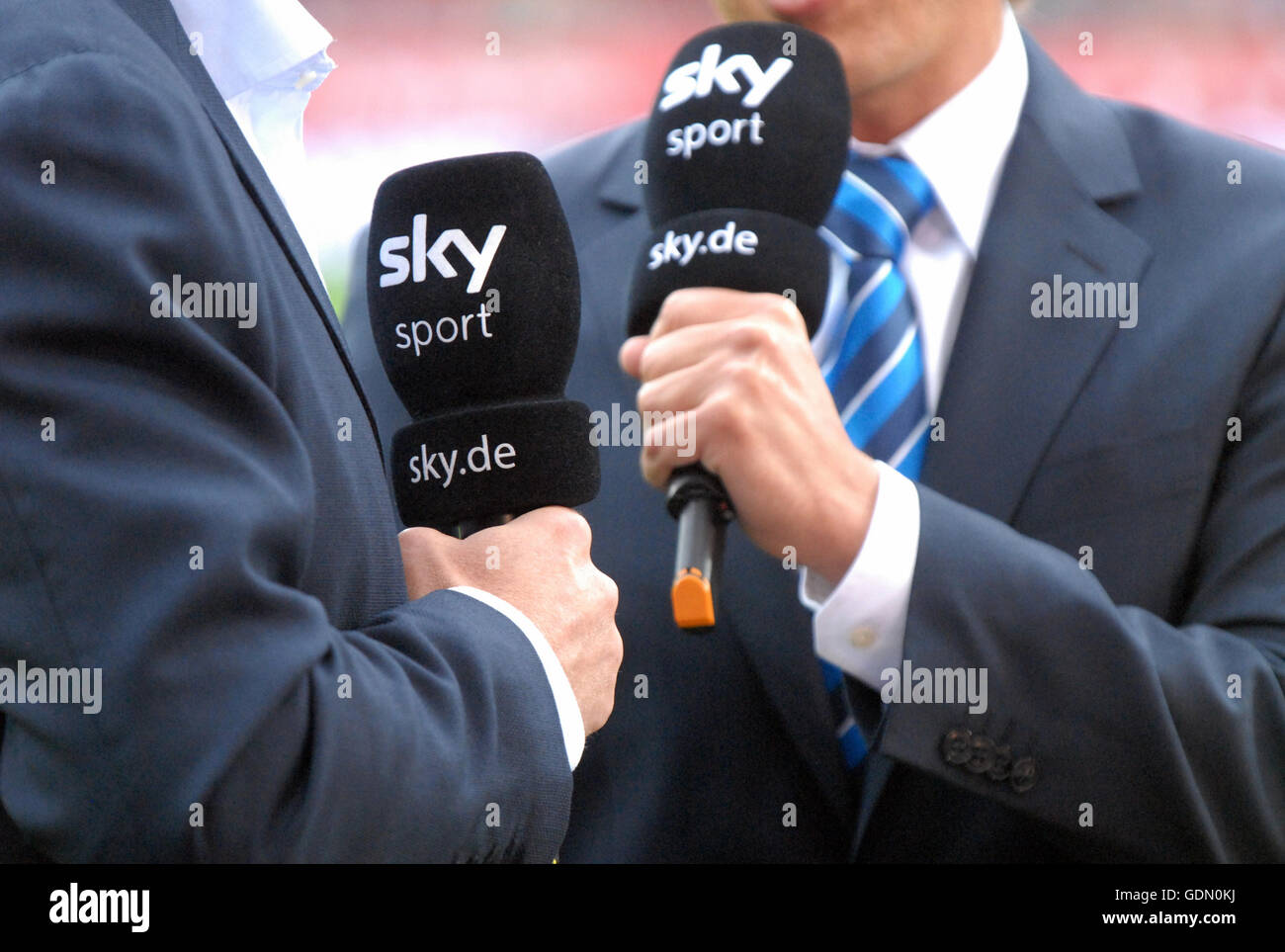 Soccer Bundesliga, interview with two Sky microphones Stock Photo - Alamy
