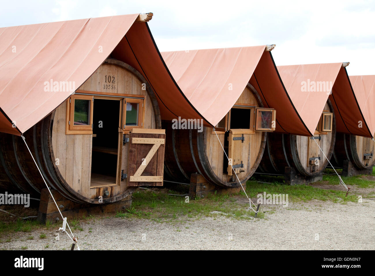 Wooden barrels converted to huts, Schlepzig, Spreewald, Brandenburg ...