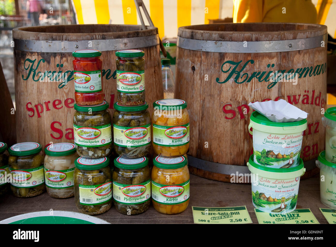 Market stall selling cucumbers, cucumber barrels, Luebbenau, Spreewald ...