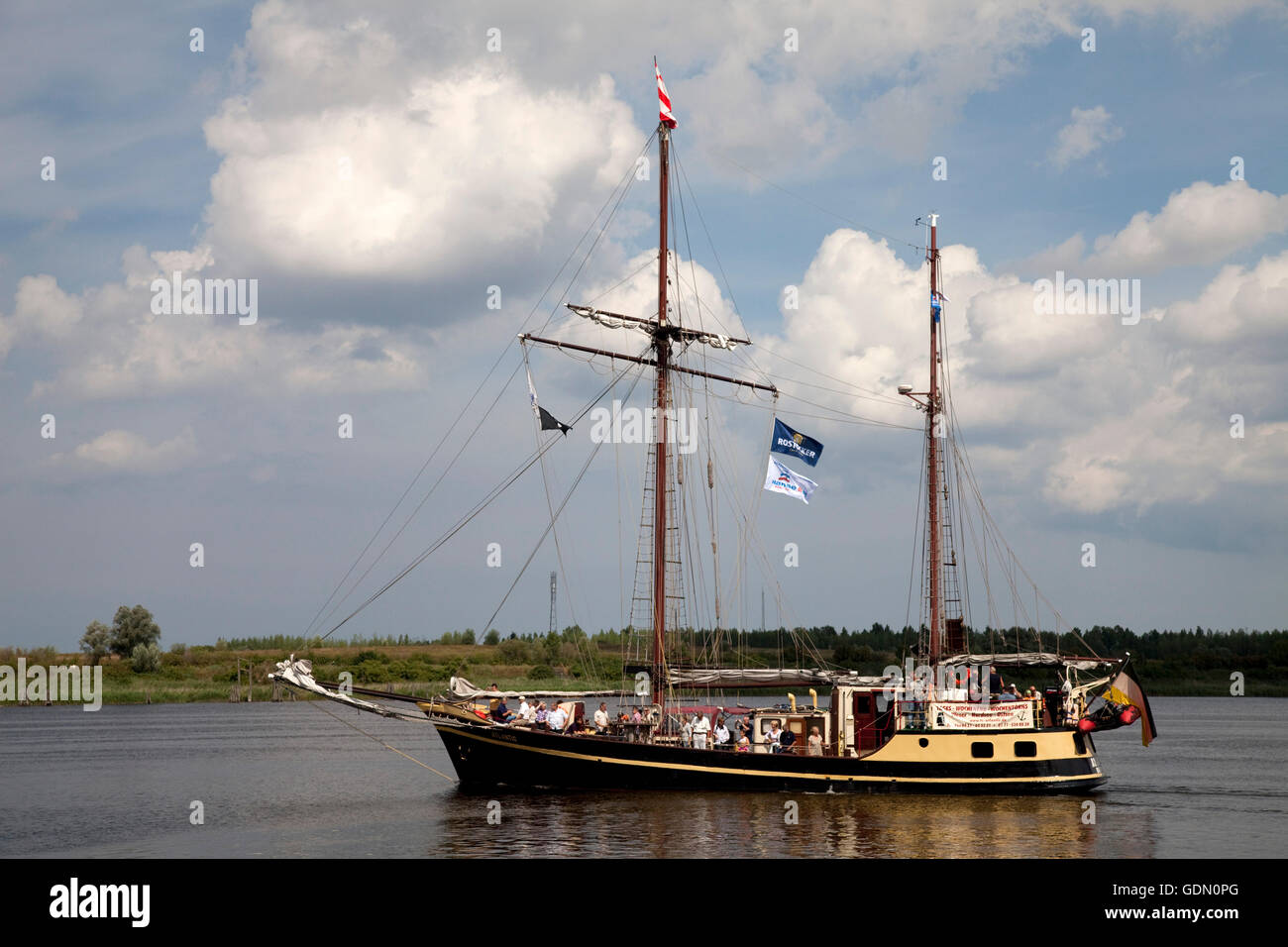 Sailing ship, two-master, Warnow river, Rostock, Mecklenburg-Western ...