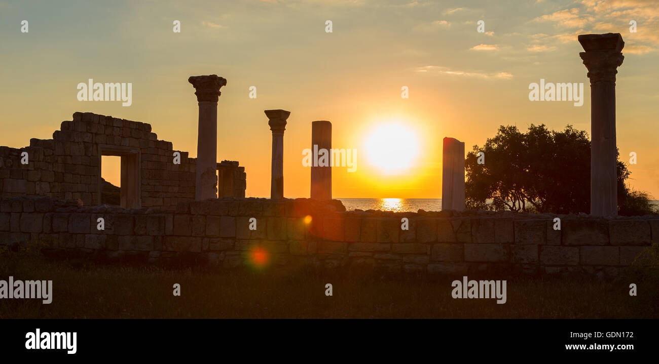 Ancient Greek basilica and marble columns in Chersonesus Taurica on the ...