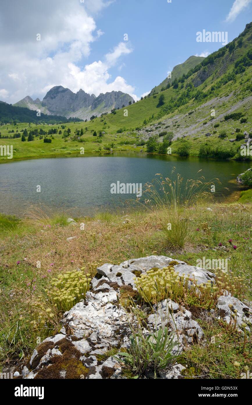 Gornje Bare glacier lake with peaks of the Zelengora mountains in the ...