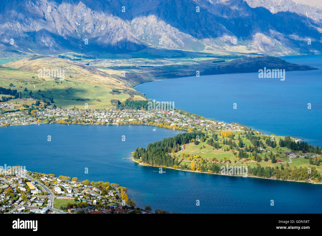 Beautiful cityscape view from the Queenstown Skyline, New Zealand Stock ...
