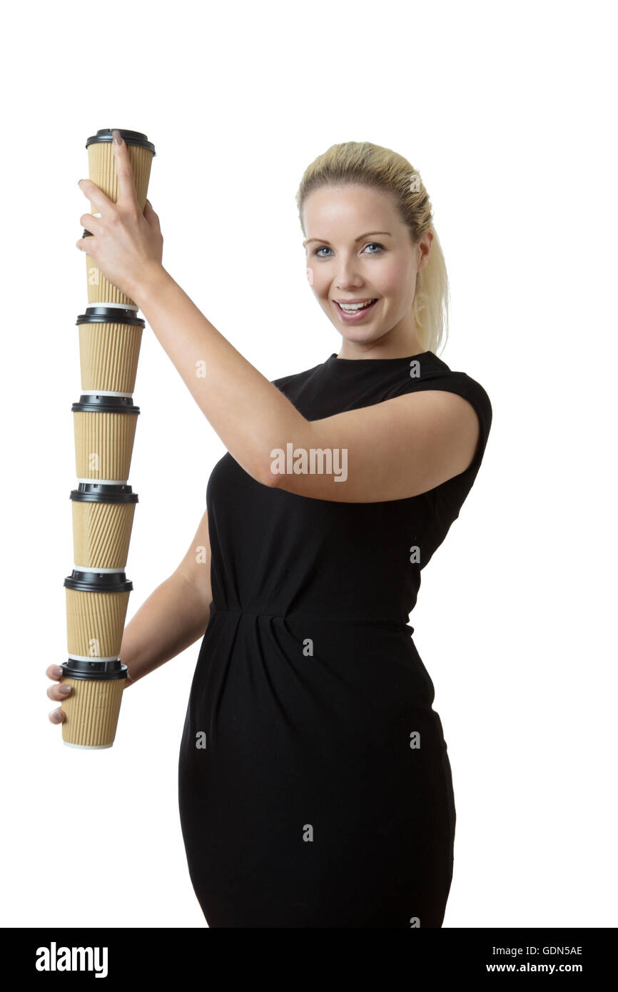 business woman carrying lots of coffee cup to her office colleagues ...