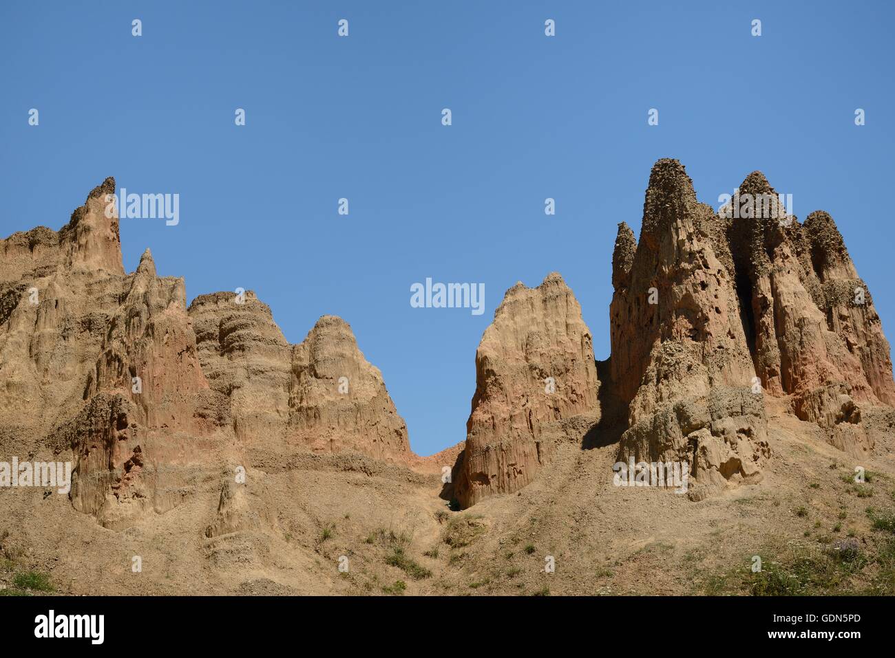 Sand pyramids of heavily eroded, weathered soft sandstone ...