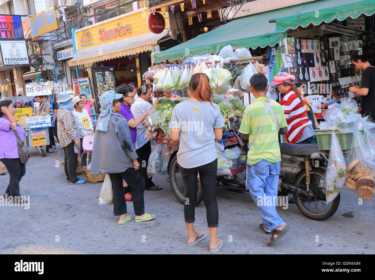 People shop from street vegetable shop in Bangkok Thailand Stock Photo ...
