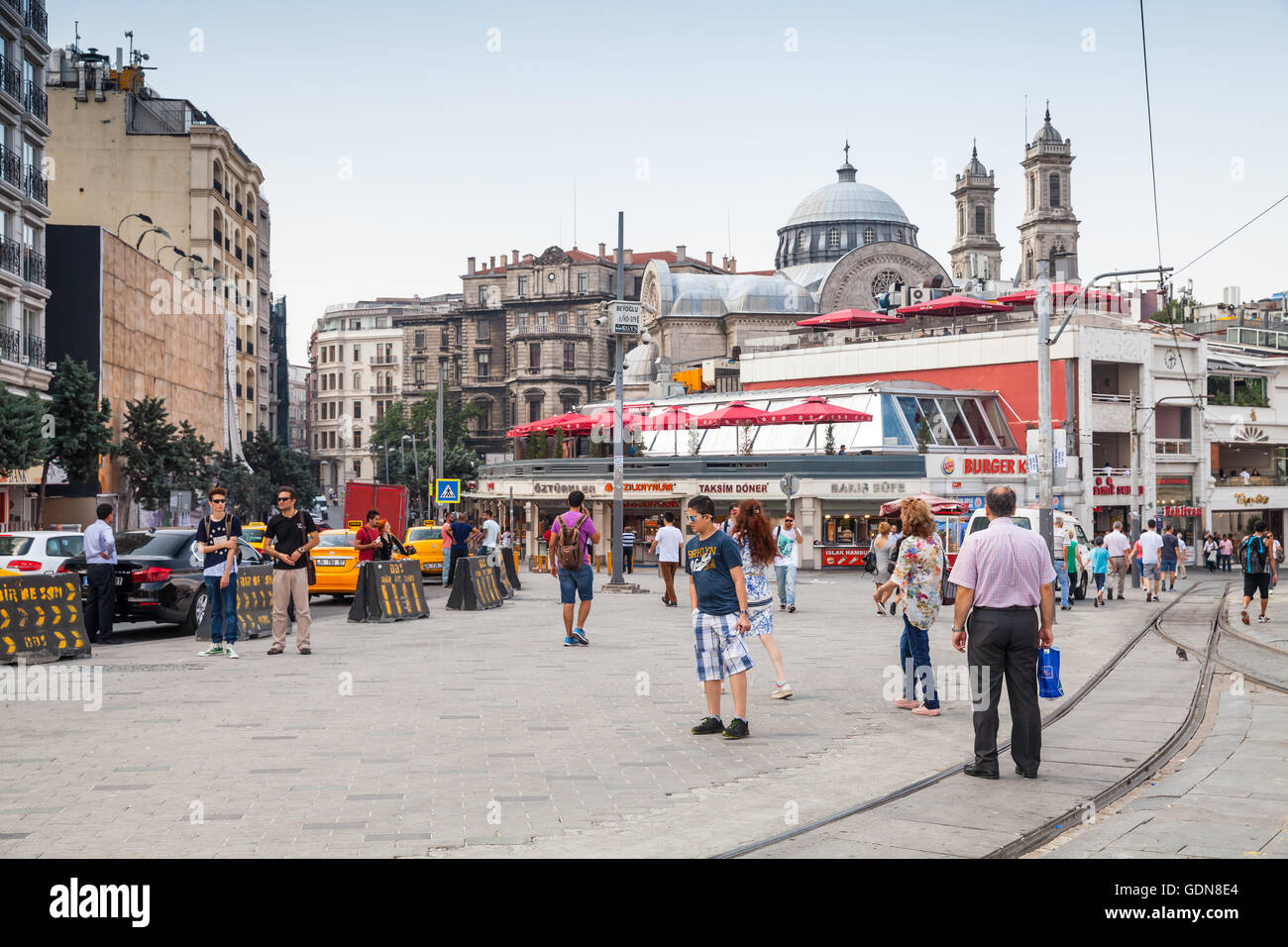 Istanbul, Turkey - July 1, 2016: Ordinary people walk on Taksim square ...