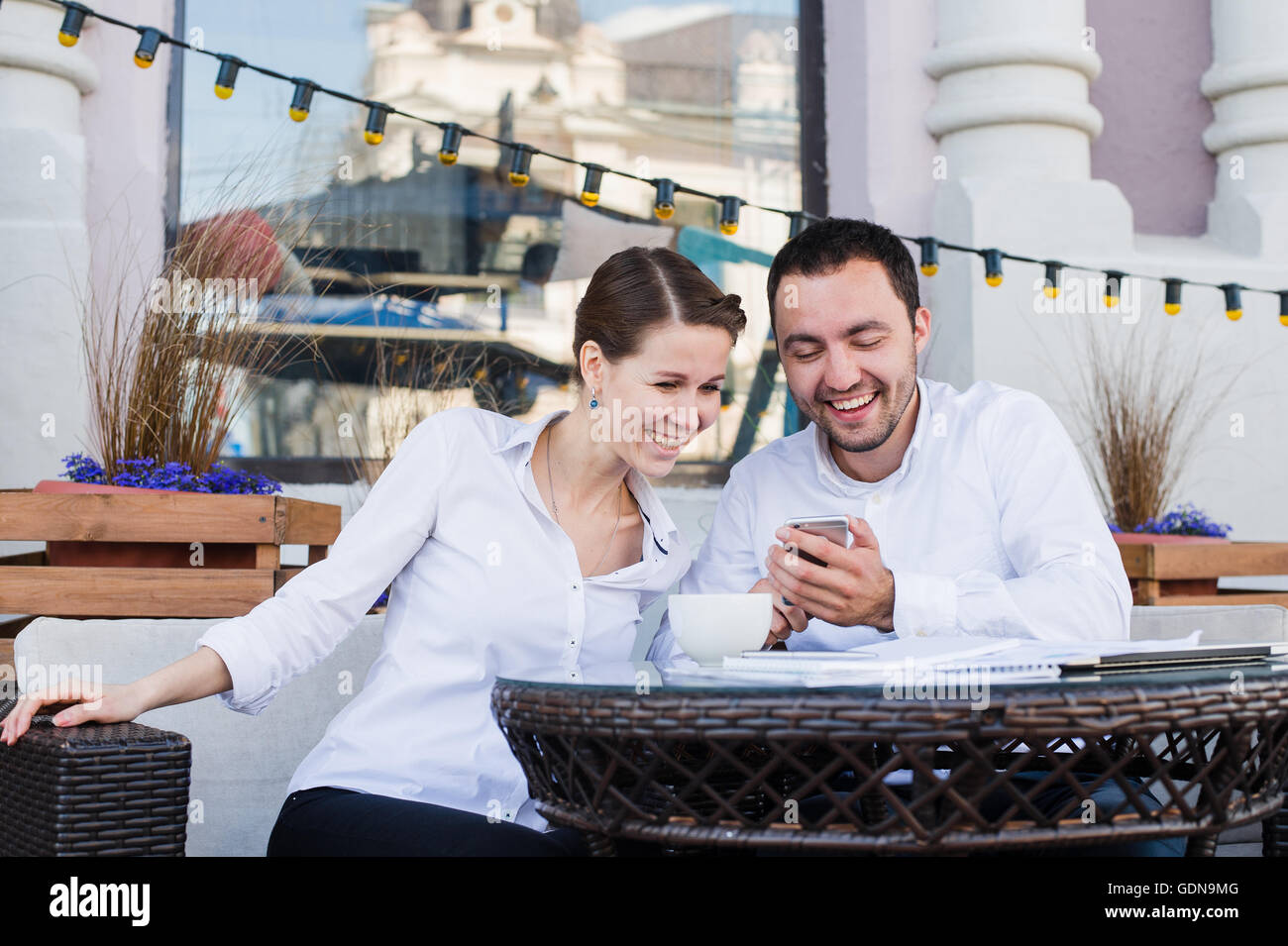 business people chatting in cafe at lunch or coffee break Stock Photo ...