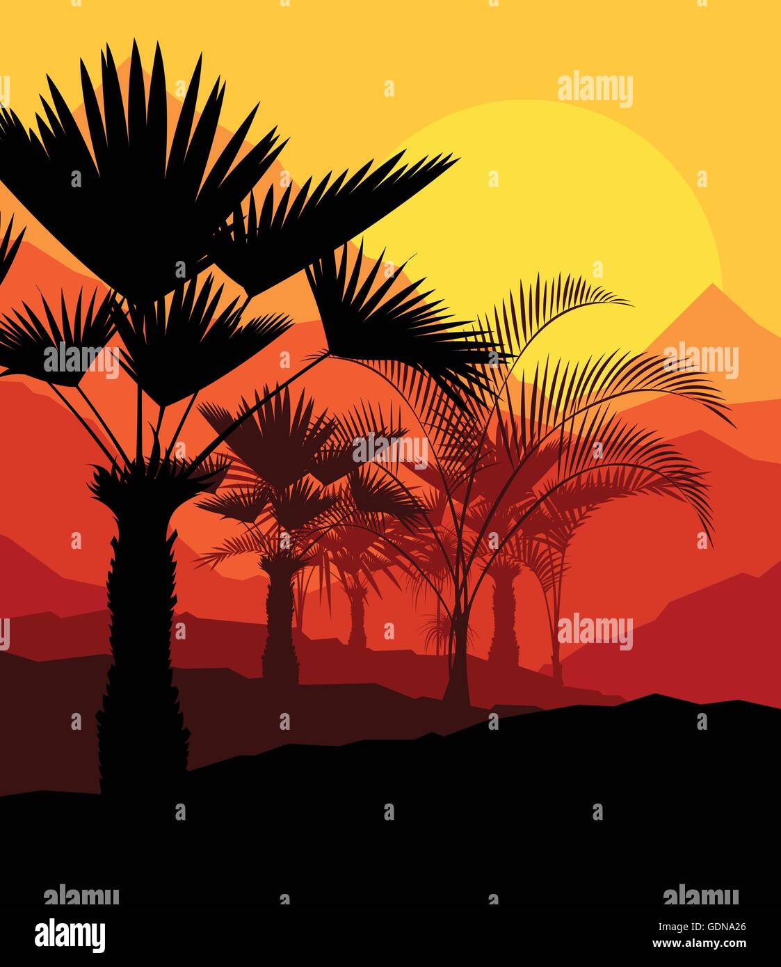 Tropical sunset palm trees vector background for poster Stock Vector ...