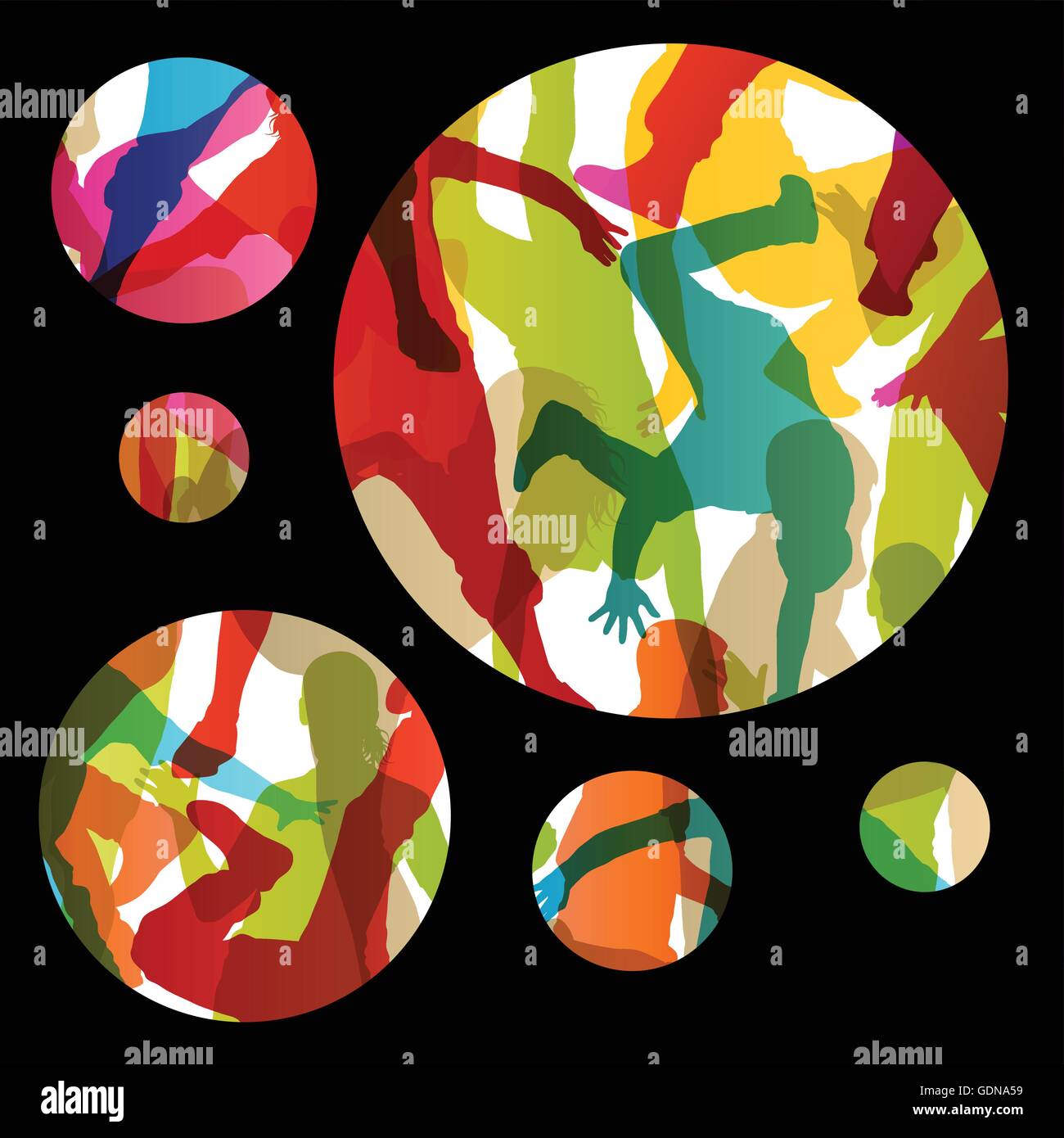 Active young men and women street break dancers silhouettes in abstract ...