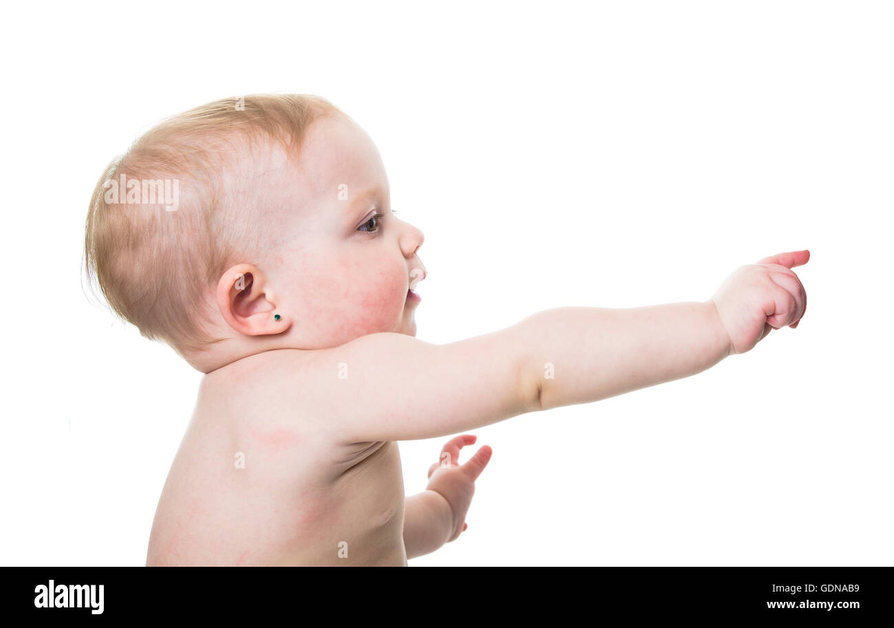 Infant child baby toddler pointing finger isolated on a white ...