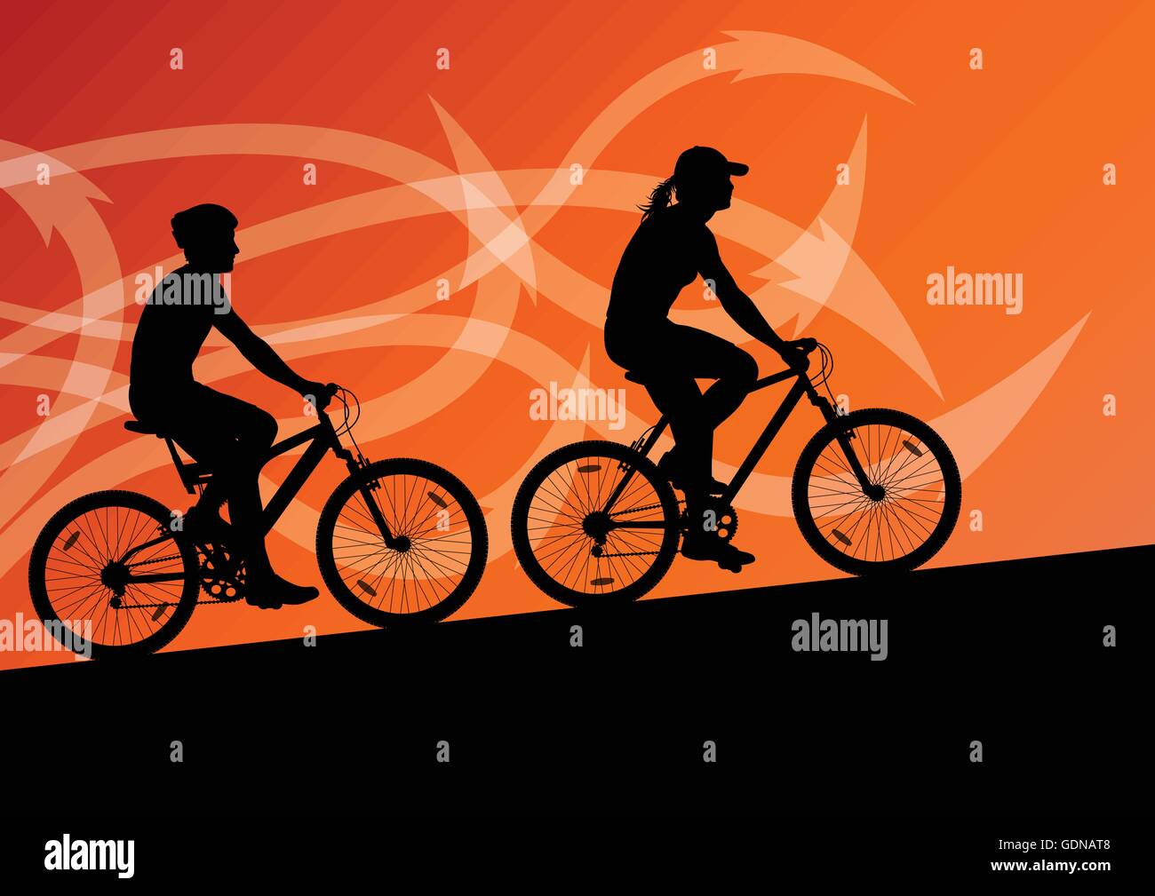 Active man and woman cyclists bicycle riders in abstract arrow line ...