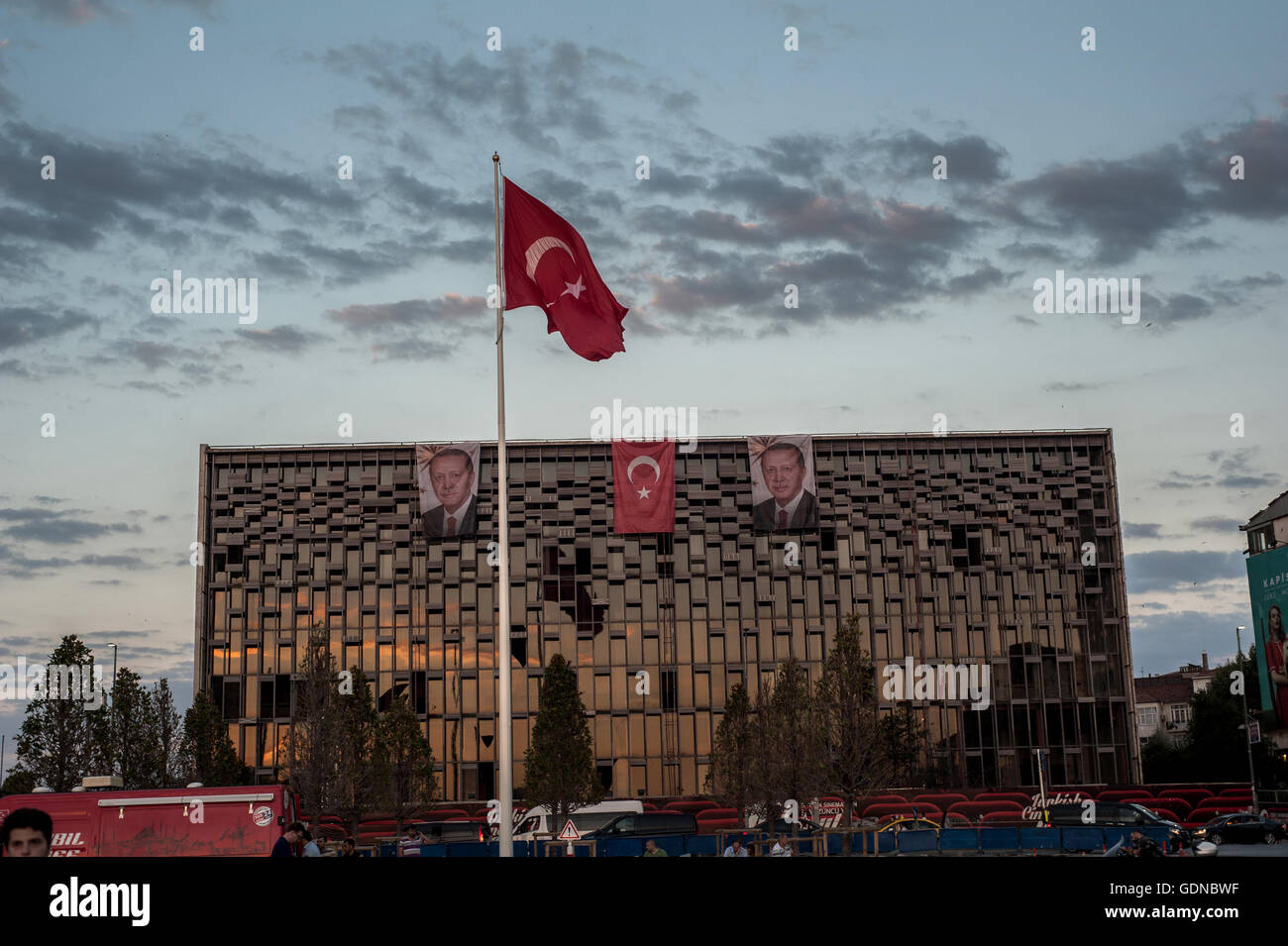 Posters and Turkish flags at rally in support of Akp government after a ...
