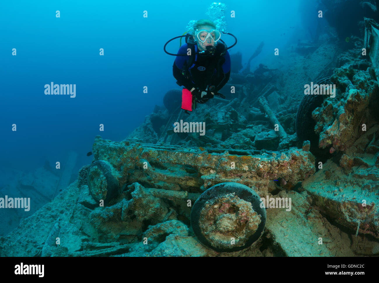 Female scuba diver at the trolley shells on the wreck of the SS ...
