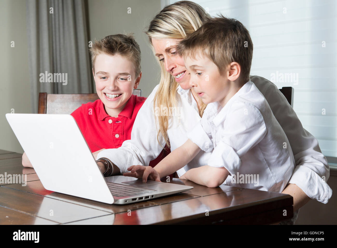Mother with kids playing on laptop computer Stock Photo - Alamy