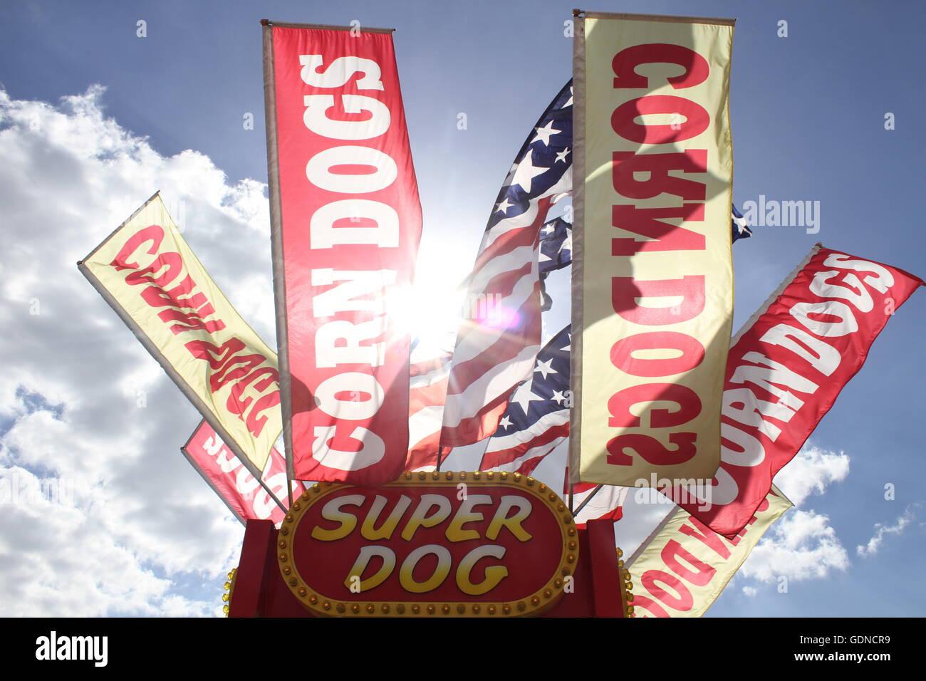 Flags at a food stand Stock Photo - Alamy