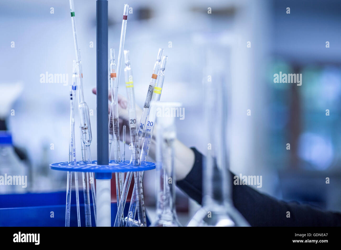 Woman adjusting lab tubes in laboratory, focus on tubes Stock Photo - Alamy