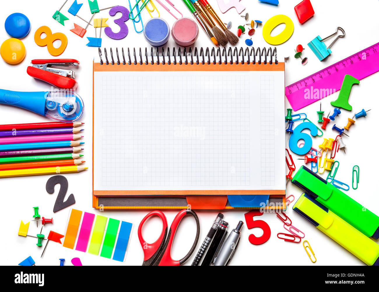 Various school supplies isolated on white background. Notebook with ...