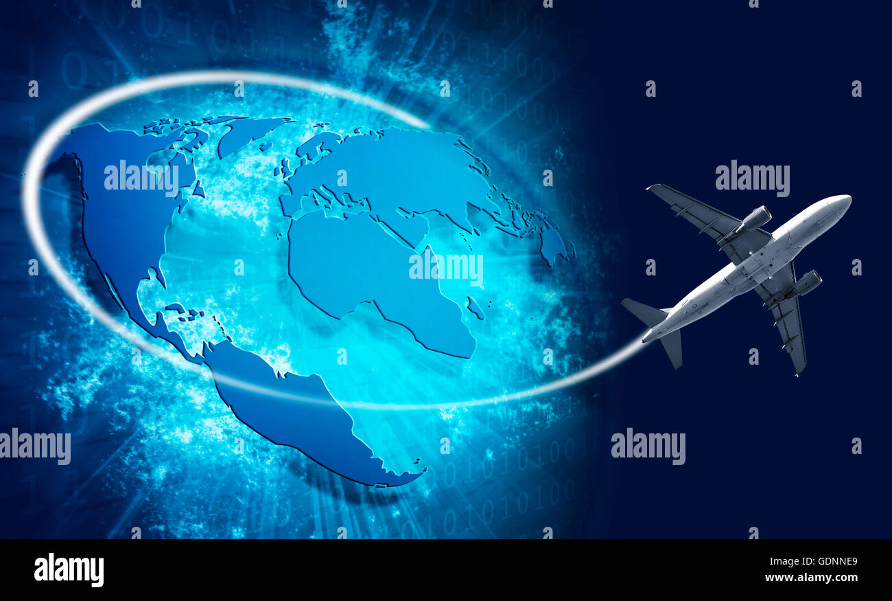 Blue vivid image of globe and airplane. Internet Concept of global ...