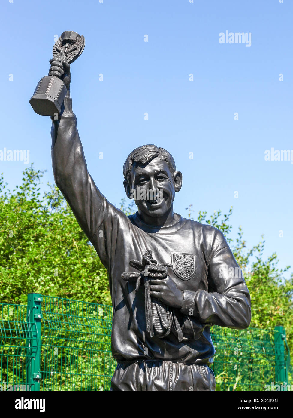 Statue of England goalkeeper Gordon Banks holding the World Cup outside ...