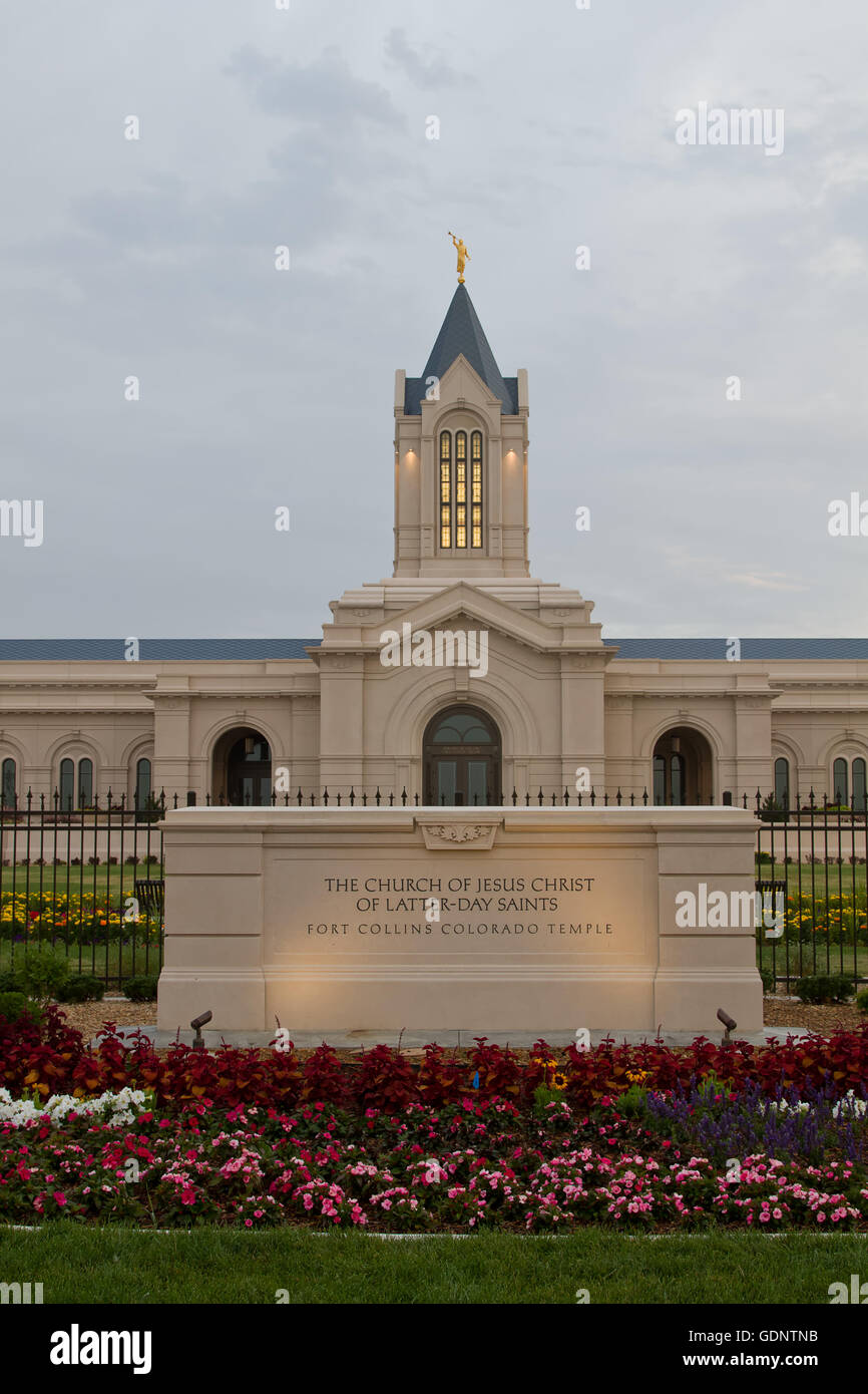 The Fort Collins Colorado Temple at sunrise on a cloudy day. The Church ...