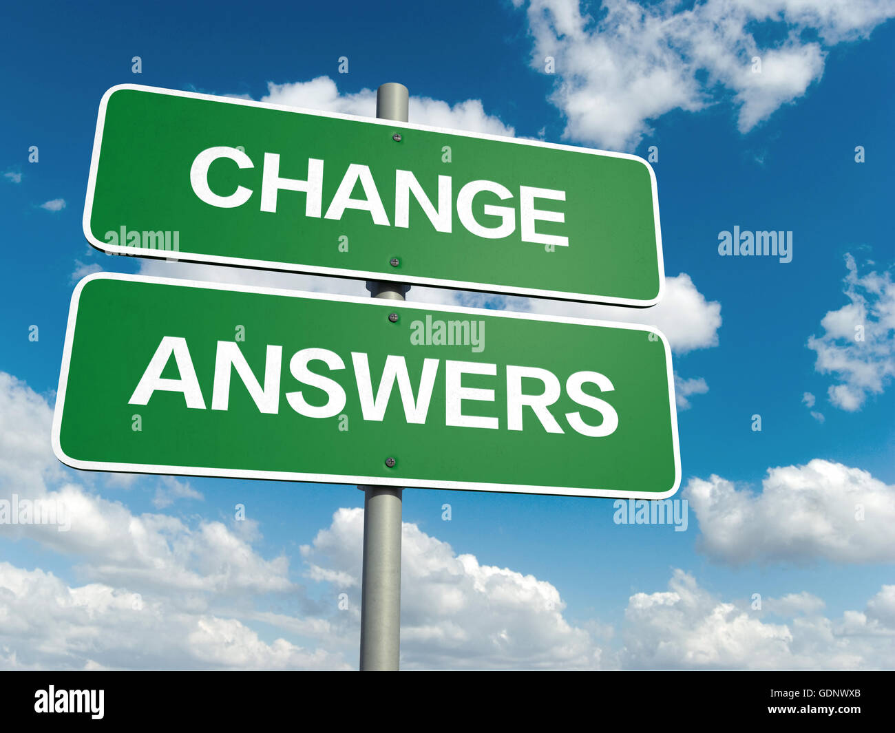 A road sign with change answers words on sky background Stock Photo - Alamy
